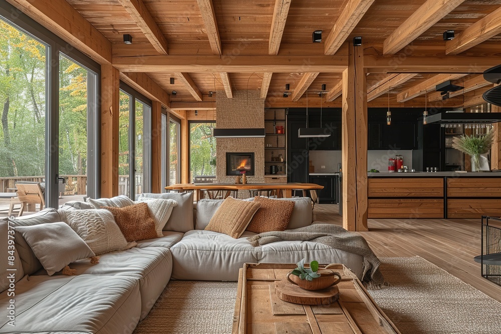 cozy warm home interior of a chic country house with an open plan, wood ...