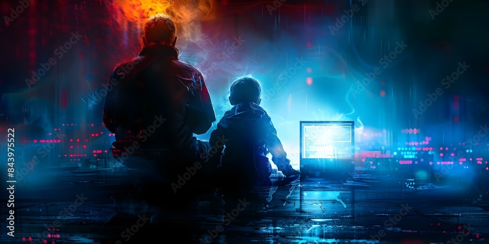 Dark isolated artwork depicts child caregiver consumed by technology ...