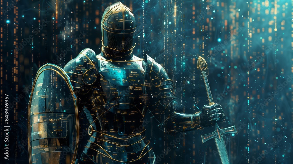 guardian in digital armor, holding a shield and sword made of advanced ...