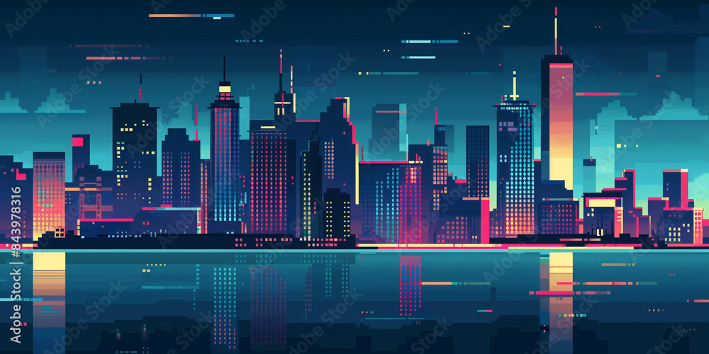 Pixel art retro wave. panorama of big city. wide banner. Space for text ...