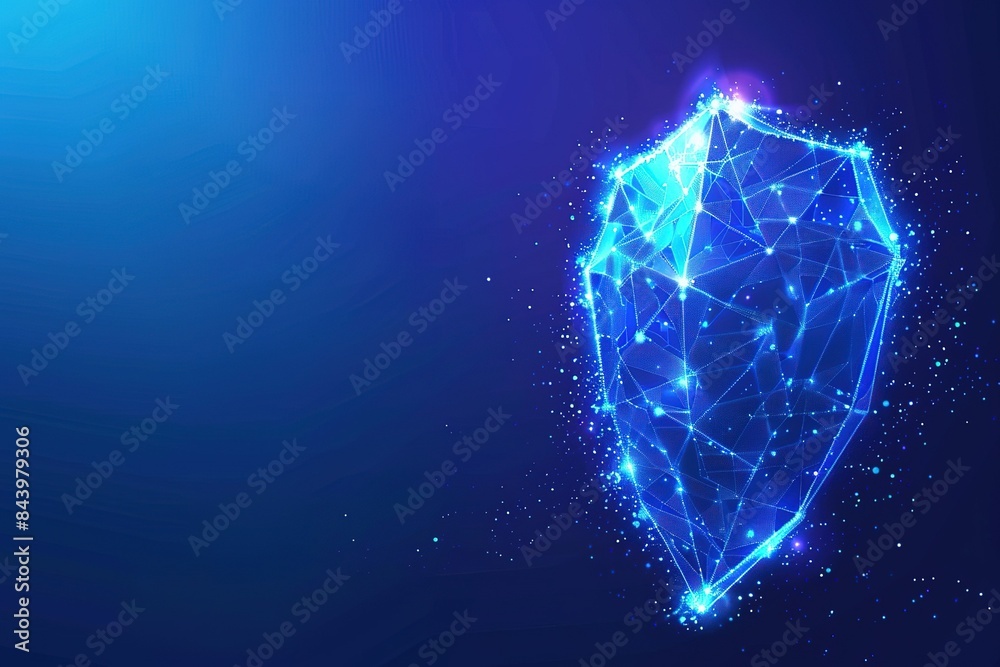 Guard shield. Cyber security concept with glowing low poly shield on bright blue background ...
