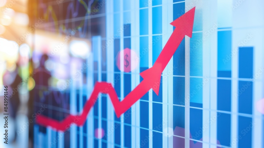 Red arrow showing growth on a financial chart with a blue bar graph ...