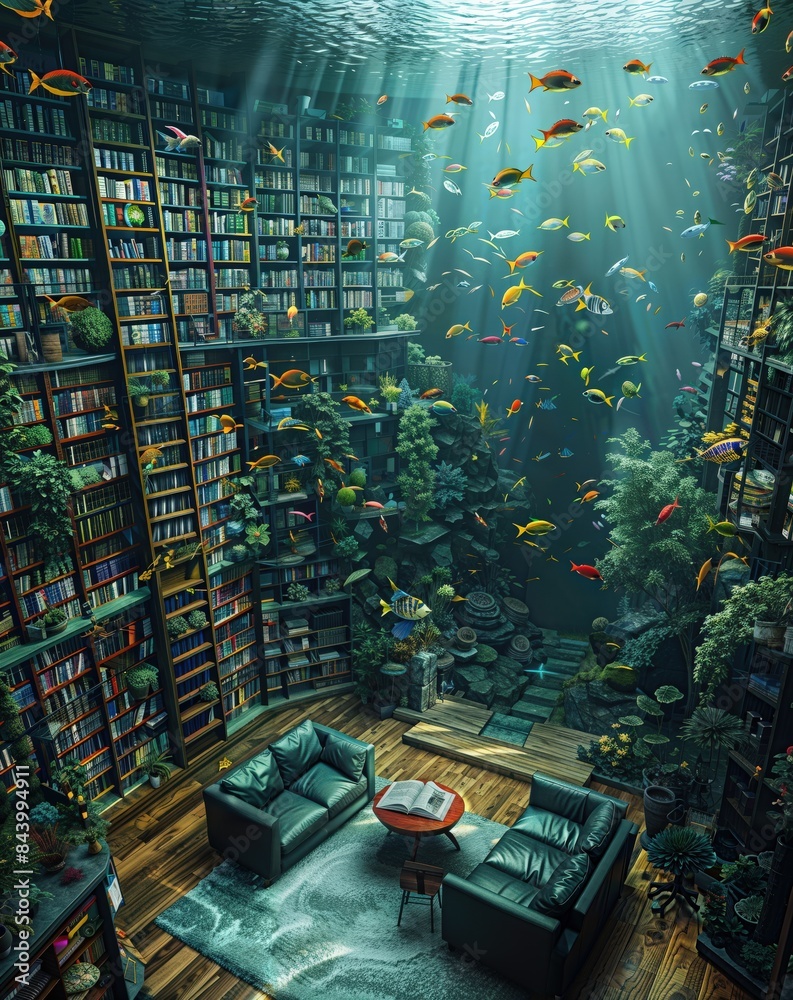 Surreal underwater library with floating fish and bookshelves, creating ...