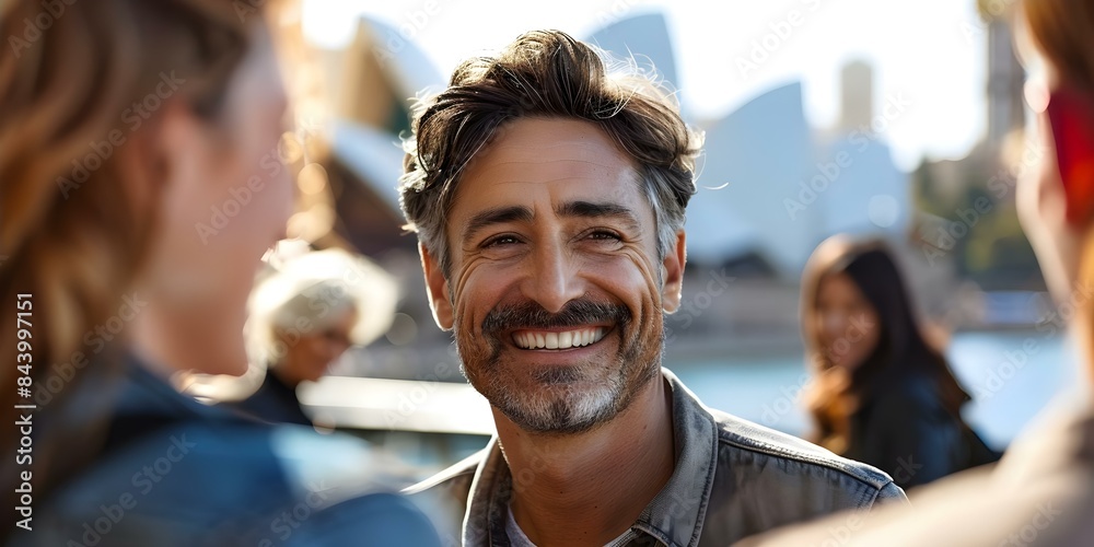 Portrait of a man in his 40s smiling with friends at Sydney Opera House ...