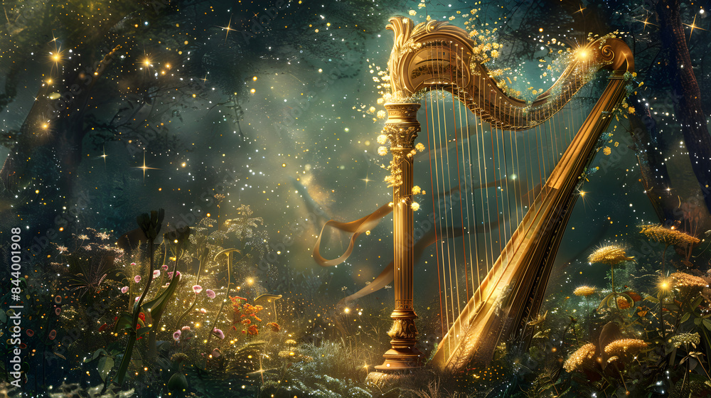 Whimsical Harp in an Enchanted Garden under a Starry Night Sky: A ...
