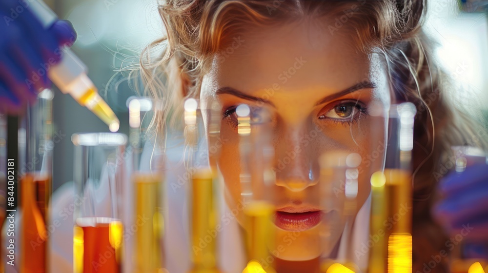 Female Scientist Conducting Chemistry Experiments with Pipettes and ...