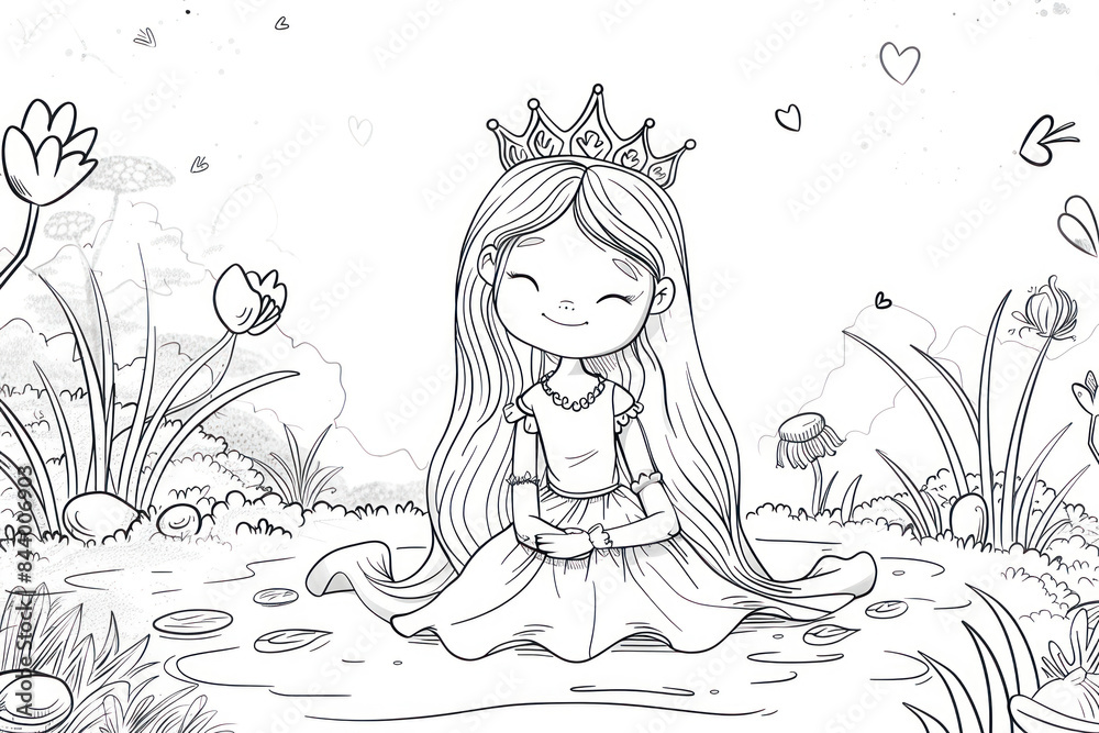 Princess coloring book, outlines sketch. Line art of little princess ...