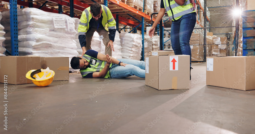 Fail, fall and boxes with man in warehouse for delivery, distribution ...