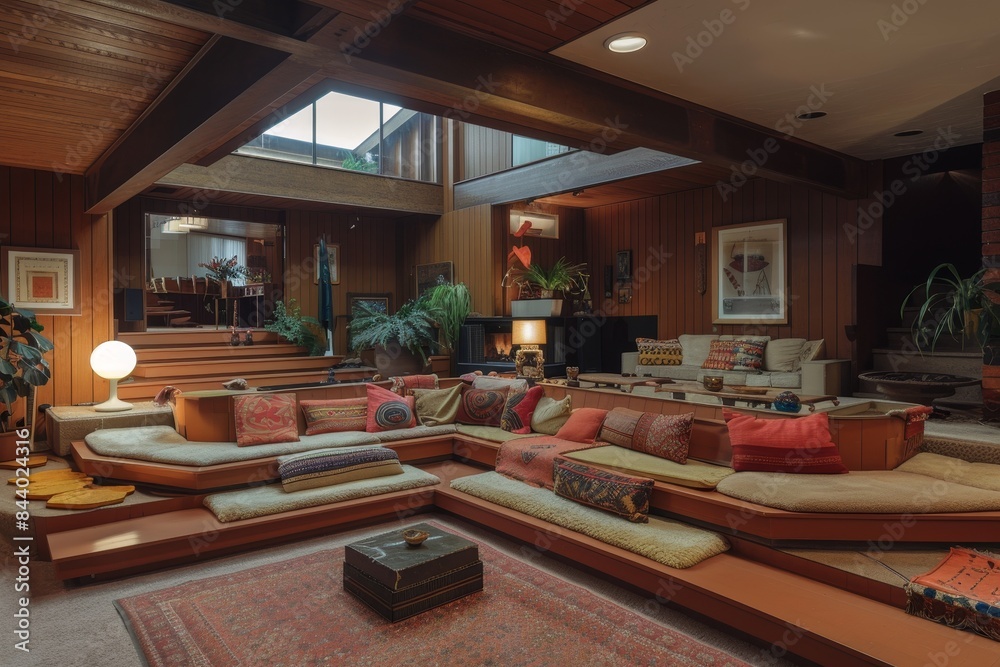 Retro 1970s Sunken Conversation Pit in Warm Living Room, Sony A7IV Shot ...