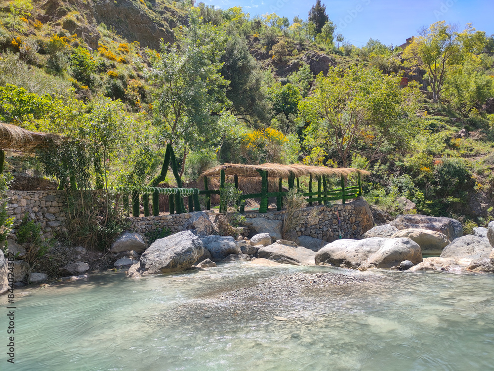 Oued El Bared River and Waterfall, Setif, Algeria. wooden cabins and ...