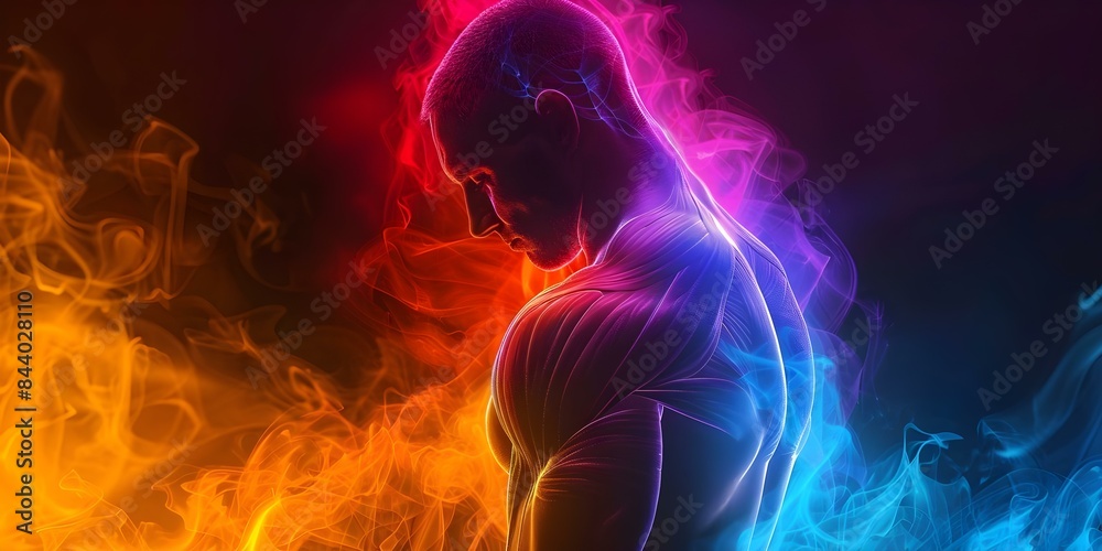 Colorful neon muscles on dark background man bodybuilding with ...