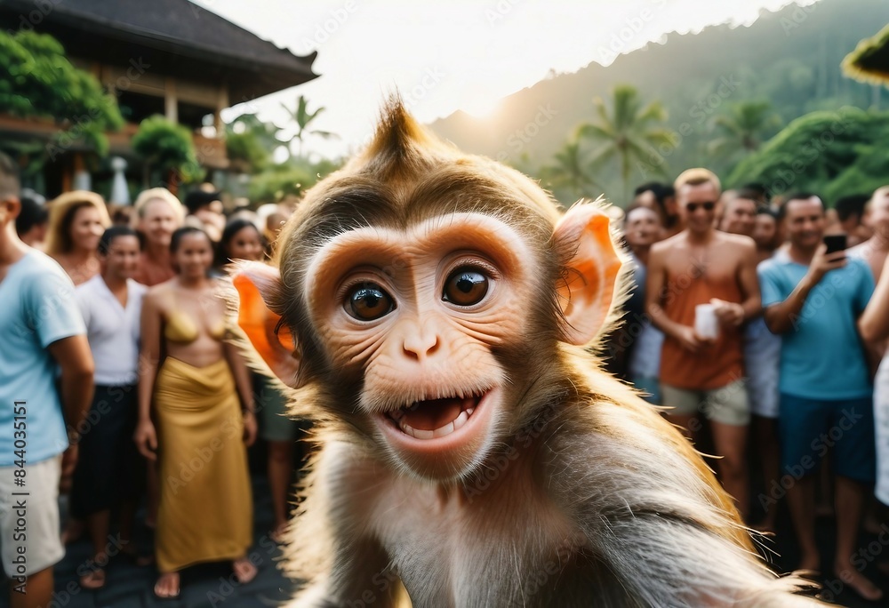 little monkey taking selfies in front of tourists in Bali Stock Photo ...