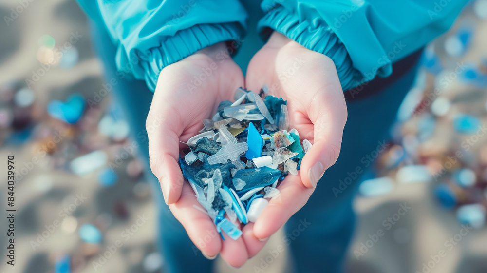 hands holding microplastics from a beach. plastic pollution harming ...