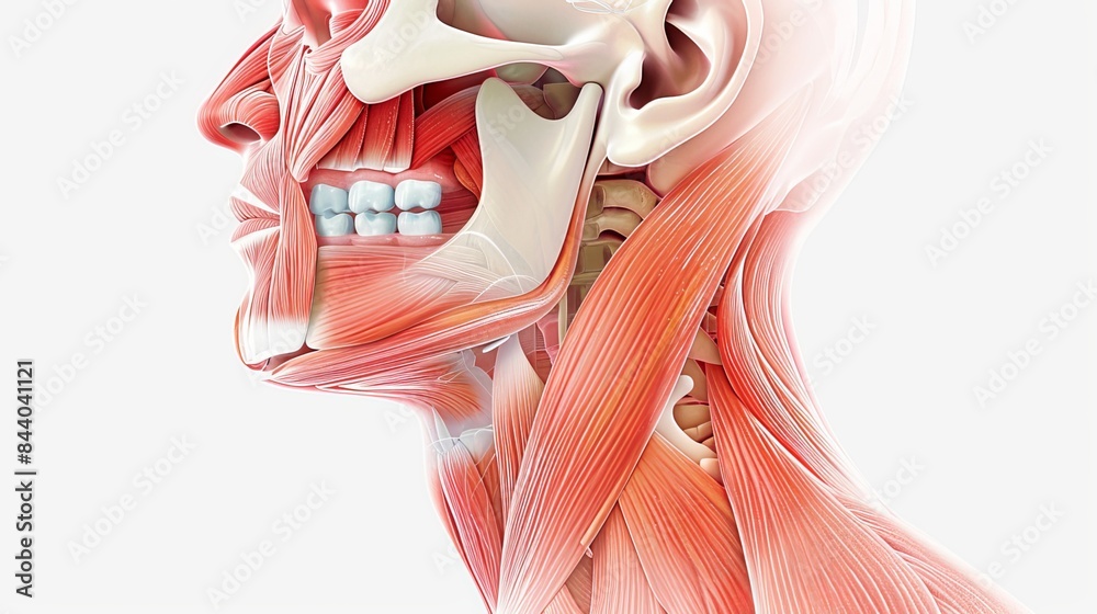 Close-up depicting a clenched jaw and tightened neck muscles ...