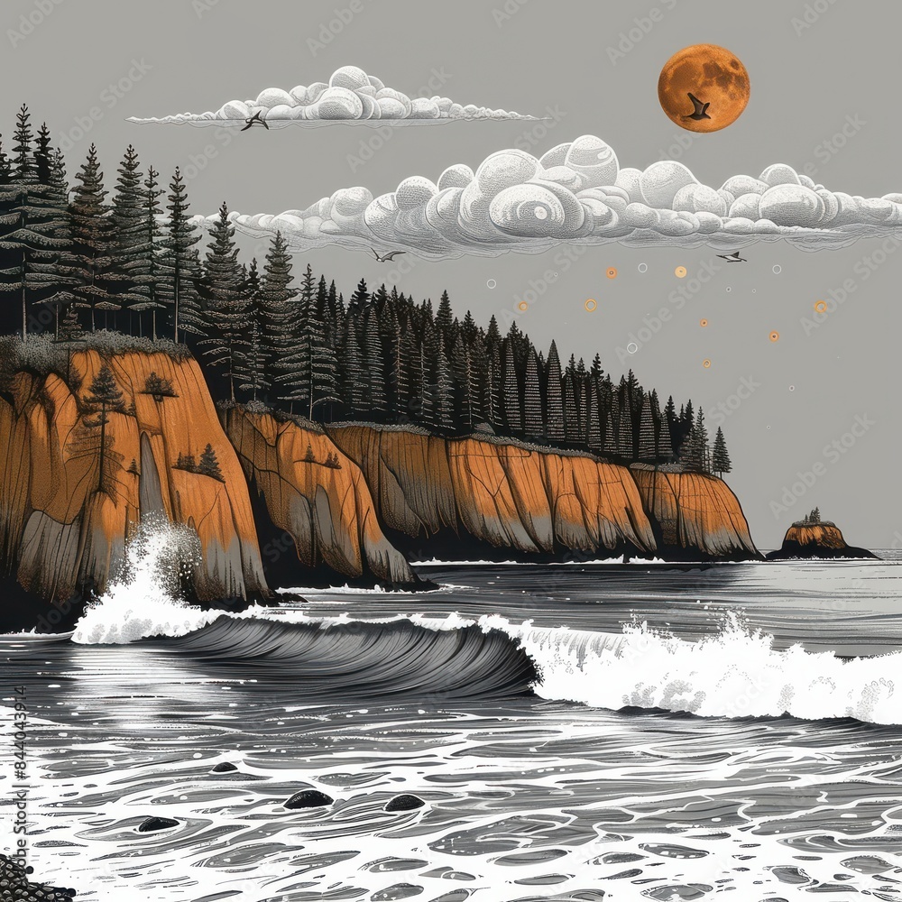 Digital artwork of a dramatic coastal cliff scene with pine forest ...