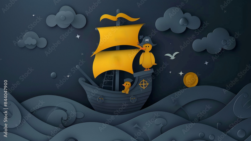 paper-crafted pirate ship with yellow sails and a skull and crossbones ...