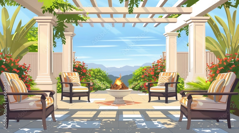 Patio construction flat design front view outdoor patio cartoon drawing ...