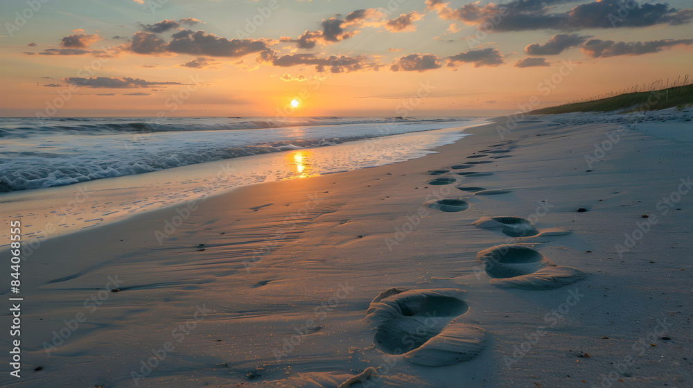 Footprints in sand on ocean beach at sunset. Marine coast landscape ...