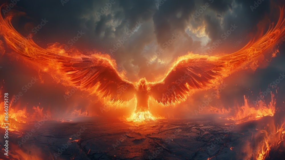 An impressive digital illustration of a phoenix rising from the flames ...
