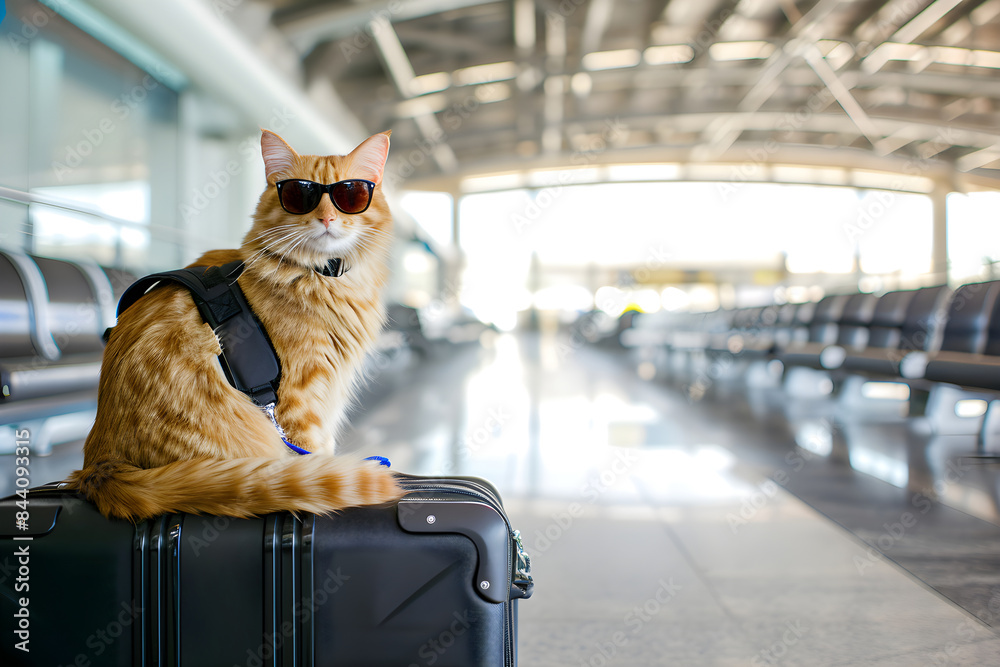Red striped cat sits on suitcase in waiting room at airport. Traveling ...