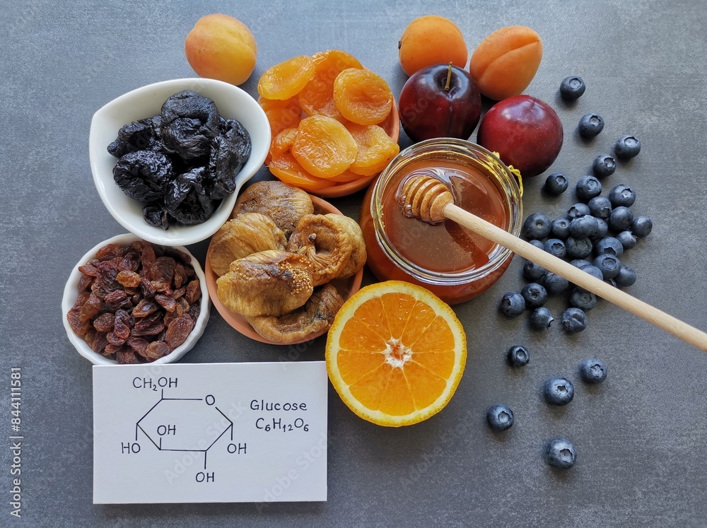 Glucose high foods and structural chemical formula of glucose. Natural sources of monosaccharide ...