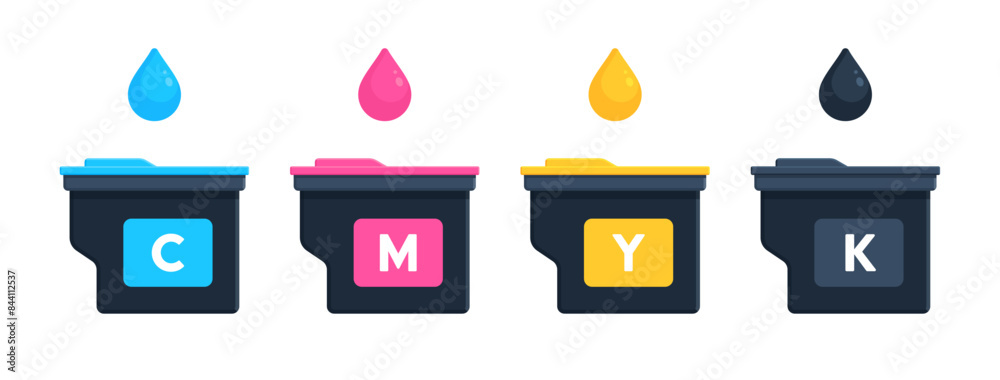 Printer cartridges and CMYK droplets. Flat icon set isolated on white ...