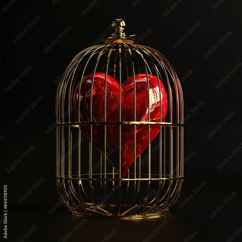 Red heart trapped inside a luxurious gold and diamond cage, repression ...