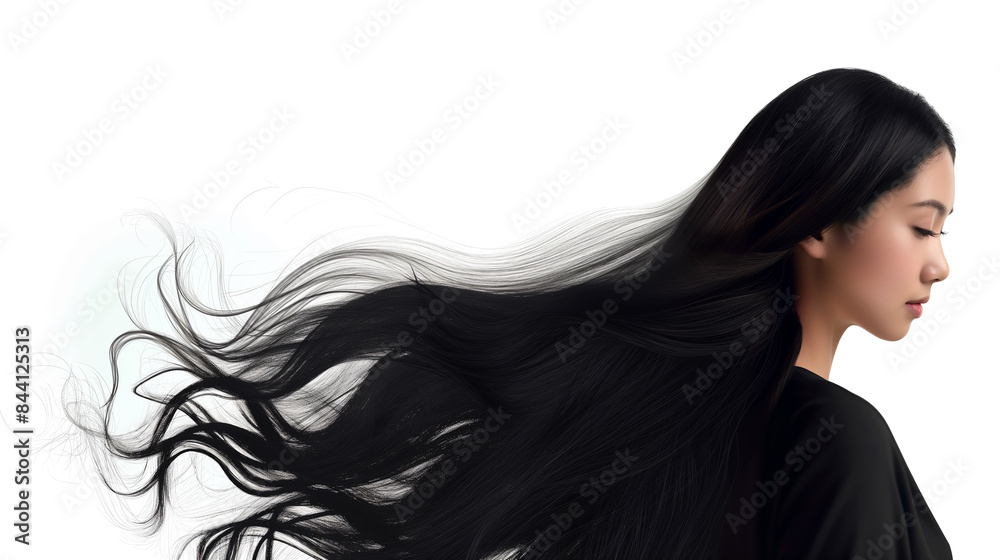 Side Profile of Woman with Thick, Flowing Dark Hair, Positioned on ...