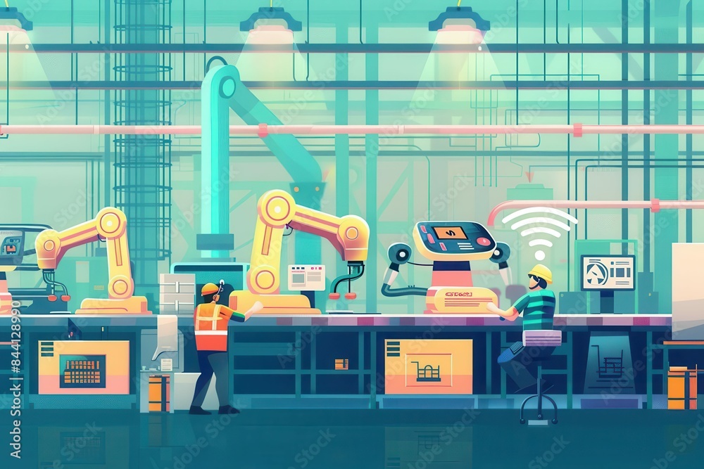 cute cartoon factory with workers using wifi to control machinery ...