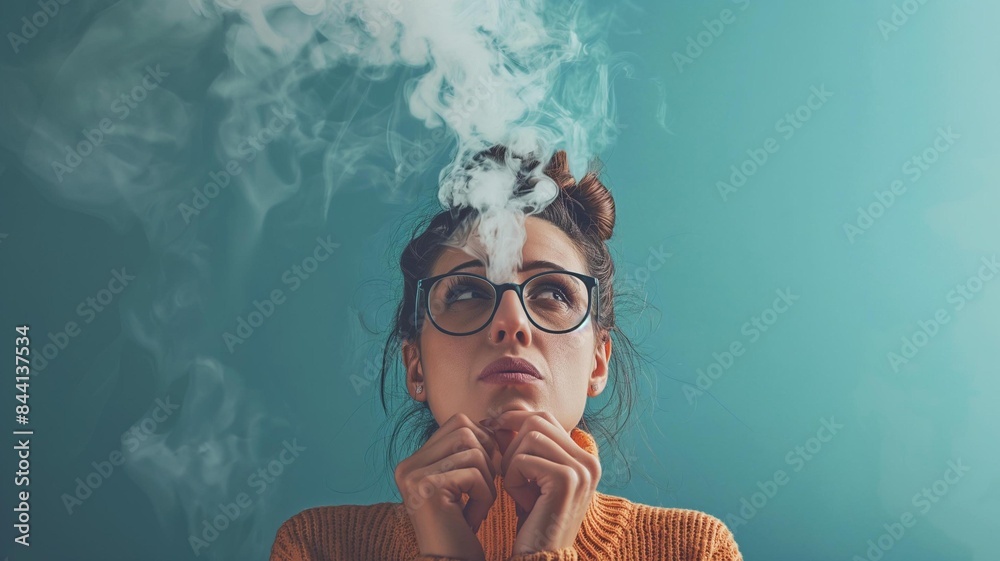 oung woman with glasses looking up as smoke swirls around her head ...