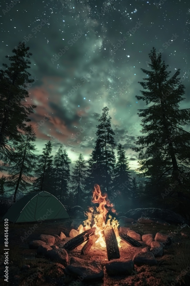 campfire surrounded by trees and starry night, northern lights, aurora ...