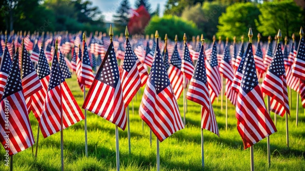 Vibrant rows of flags planted in lush green grass create a patriotic ...