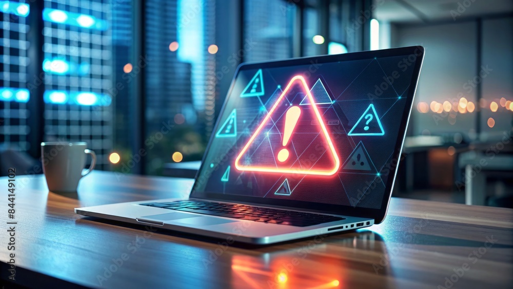 Holographic warning symbols and alerts on a laptop screen in a dimly ...
