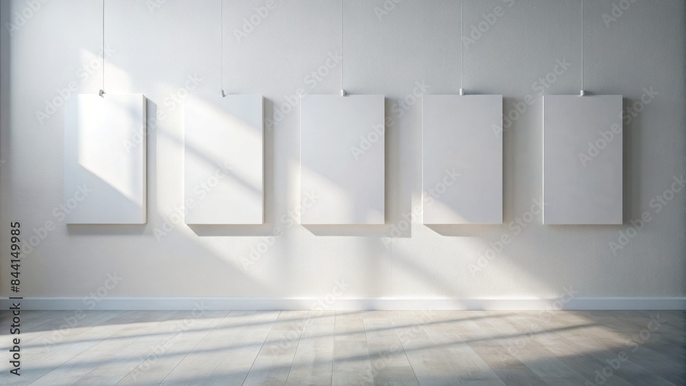 Minimalist white background featuring five blank white posters with ...