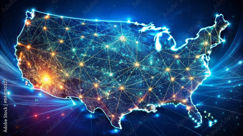 Vibrant digital map of usa with glowing connections, orbiting ...