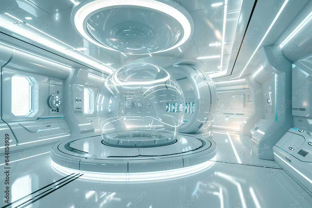 A futuristic control room within a space station, featuring sleek white ...