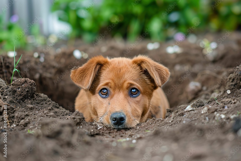 puppy digging a hole in the backyard Stock Photo | Adobe Stock
