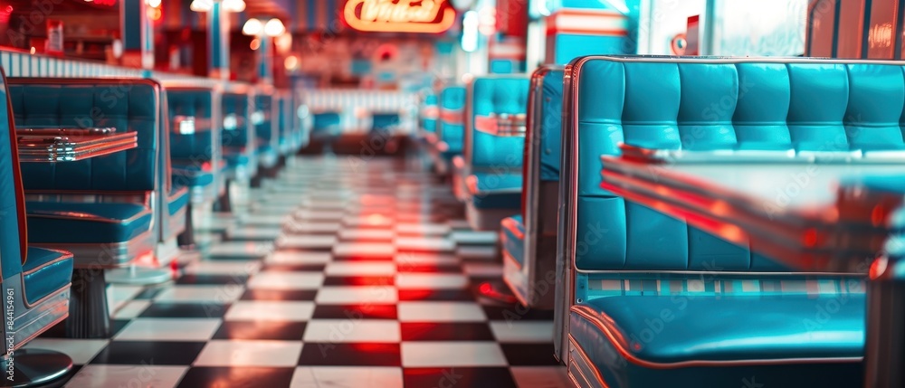 Retro 1950s-style American diner with checkered floor, neon lights, and ...