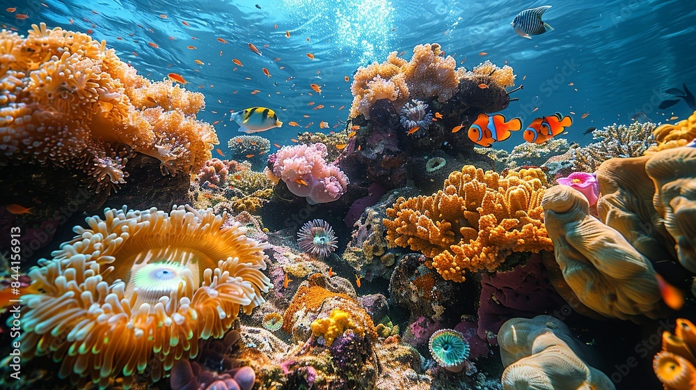 A dynamic underwater scene with a coral reef teeming with life ...