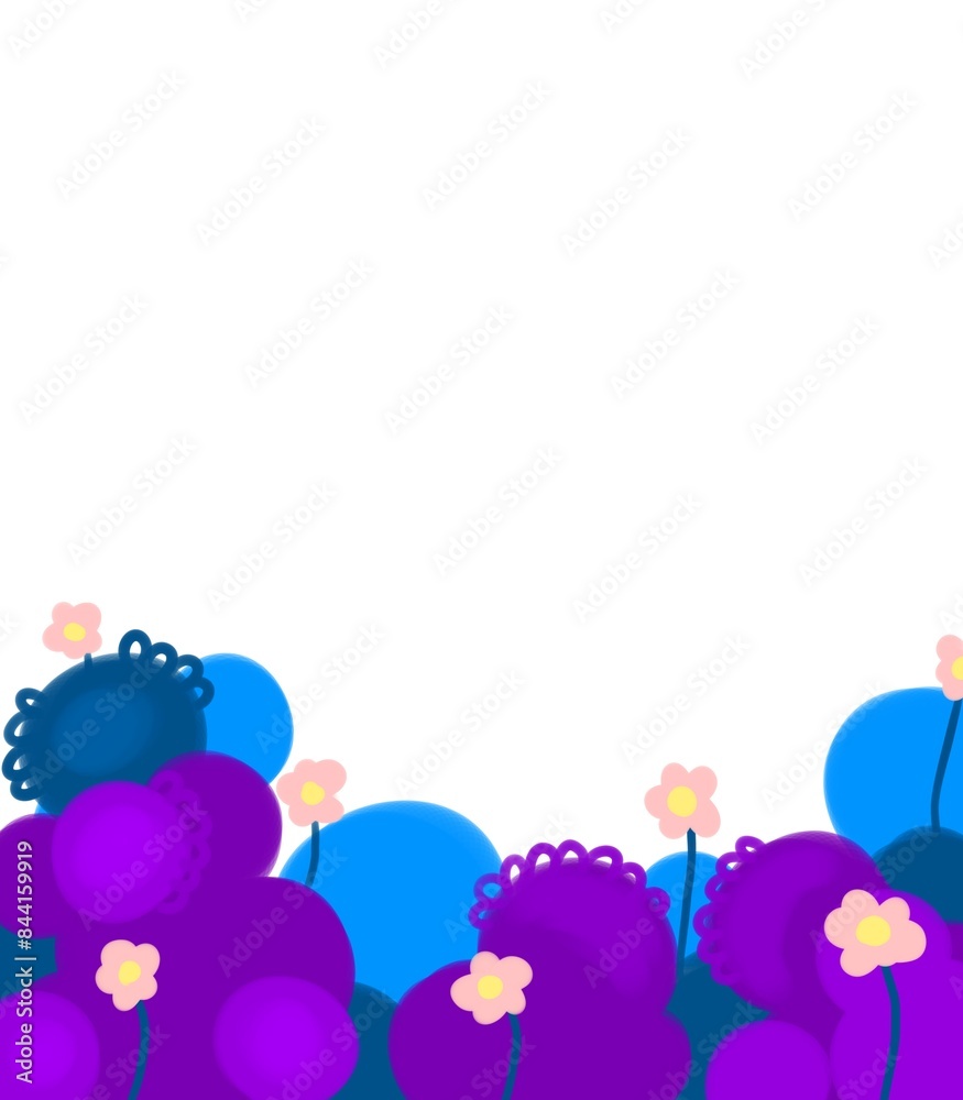 Vertical border with flowers and bushes illustration in blue and purple ...