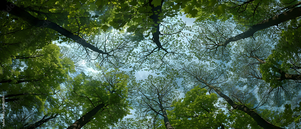 Ground-level perspective of a forest with trees showing crown shyness ...