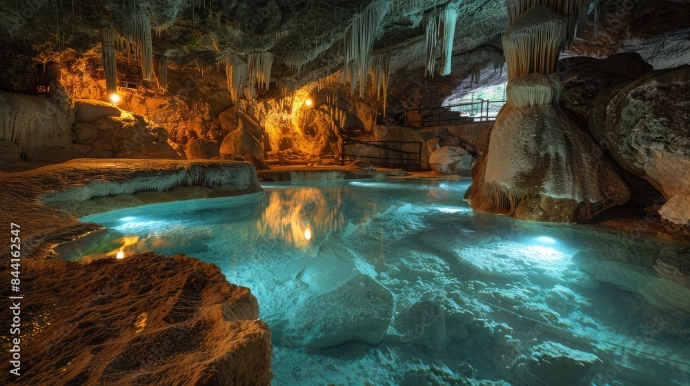 Mesmerizing subterranean cave pool lit by glowing stalactites and ...