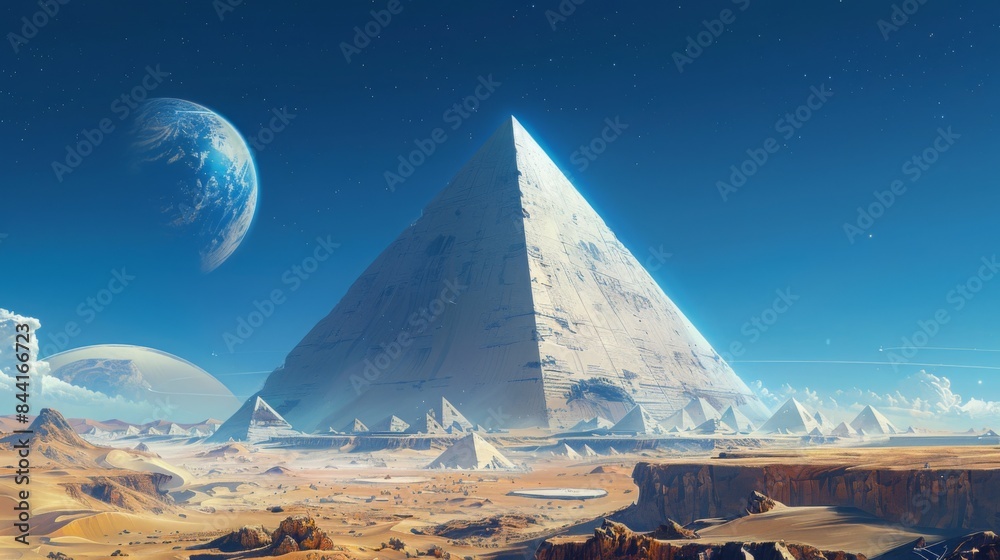 Hyperrealistic Sci-Fi Fantasy Illustration with Large Planet, Triangle Structures, and Desert ...