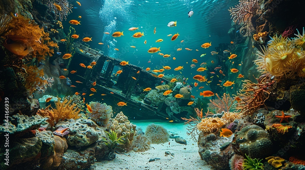 An enchanting underwater landscape with a coral reef and a shipwreck ...