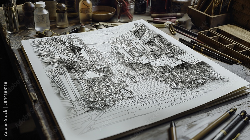 A realistic pen and ink drawing of a bustling market street, with ...