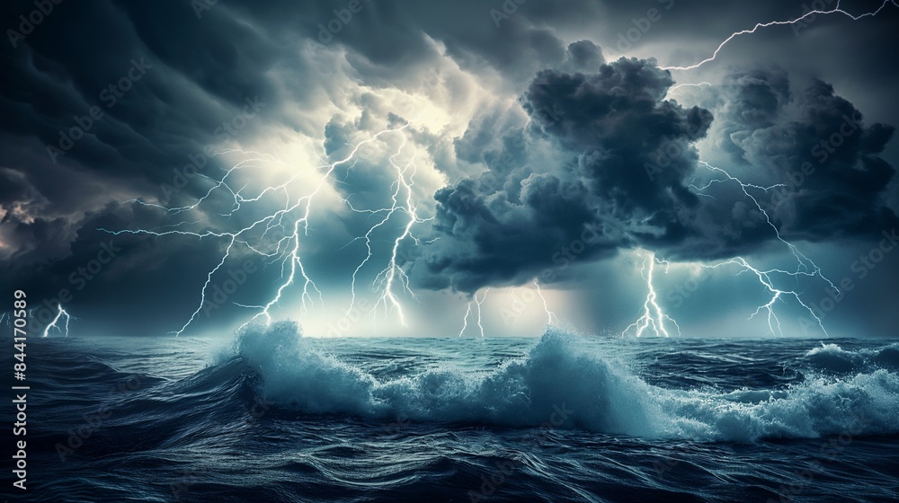 A dramatic thunderstorm over an open ocean, with lightning bolts ...