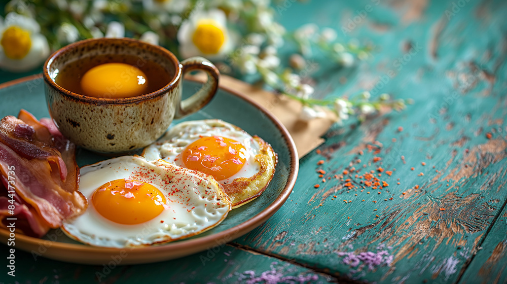 Full American Breakfast on wooden, top view, copy space. Sunny side ...