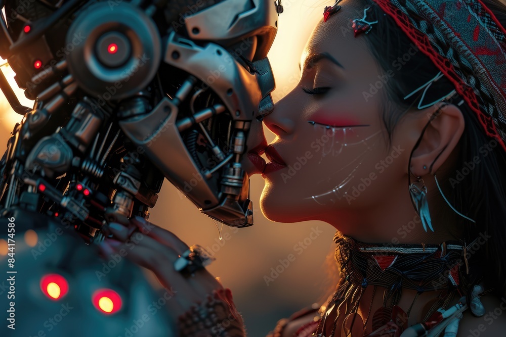 Futuristic Seduction: A Robot Cyborg Kisses a Tribal Woman, Exploring ... Futuristic Seduction: A Robot Cyborg Kisses a Tribal Woman, Exploring ...