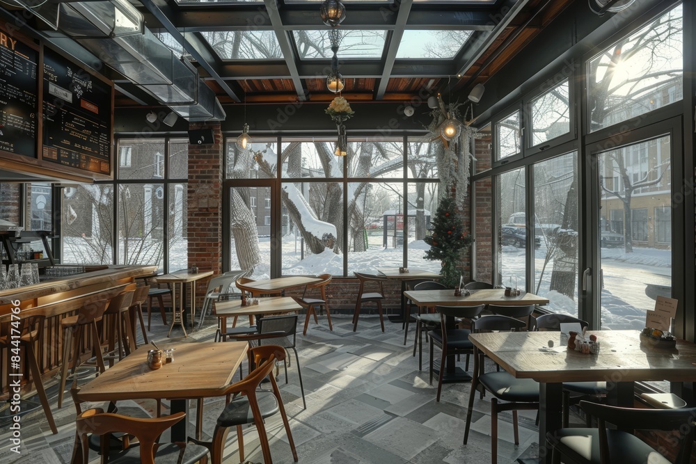Contemporary interior design of a restaurant in the winter city center ...