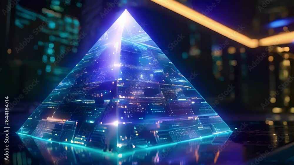 A holographic pyramid structure appears with each side displaying ...